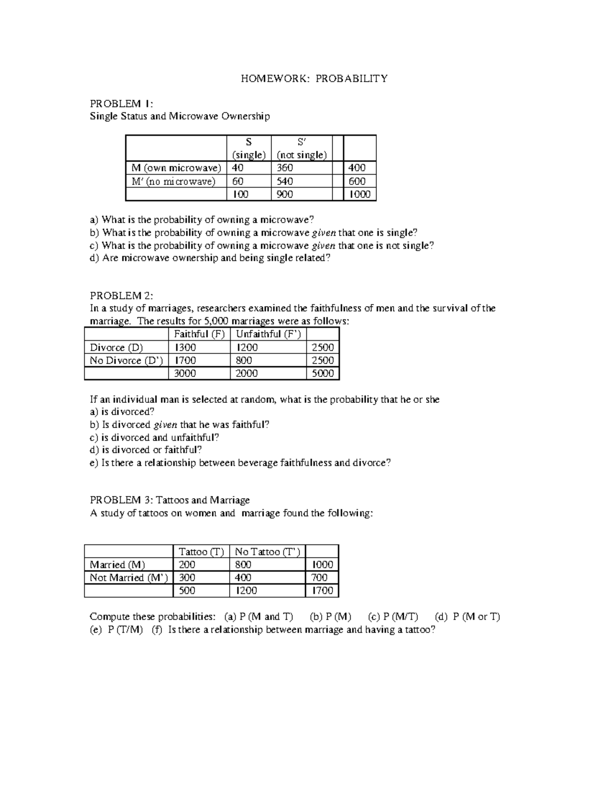 HWprobability - HOMEWORK: PROBABILITY - HOMEWORK: PROBABILITY PROBLEM 1 ...