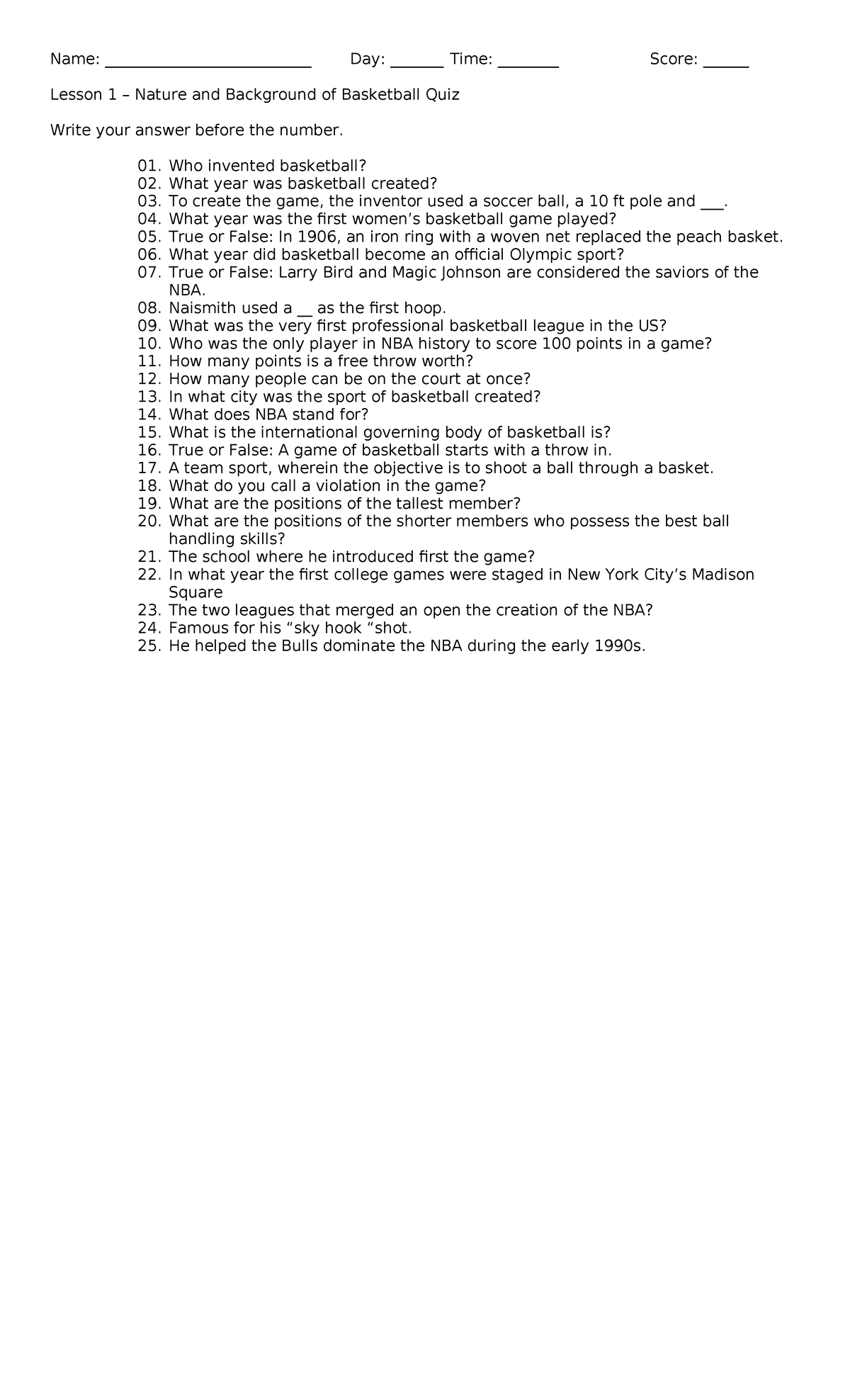 Basketball Lesson 1 Quiz - Name: ___________________________ Day ...