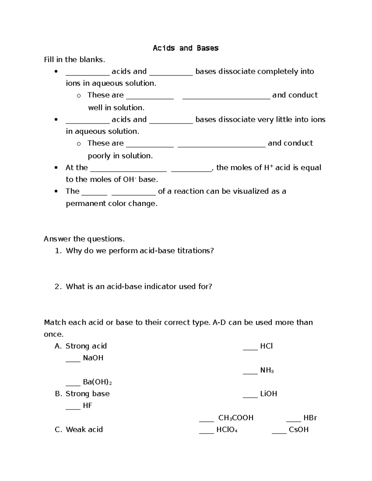 Acids and Bases Worksheet - Acids and Bases Fill in the blanks ...