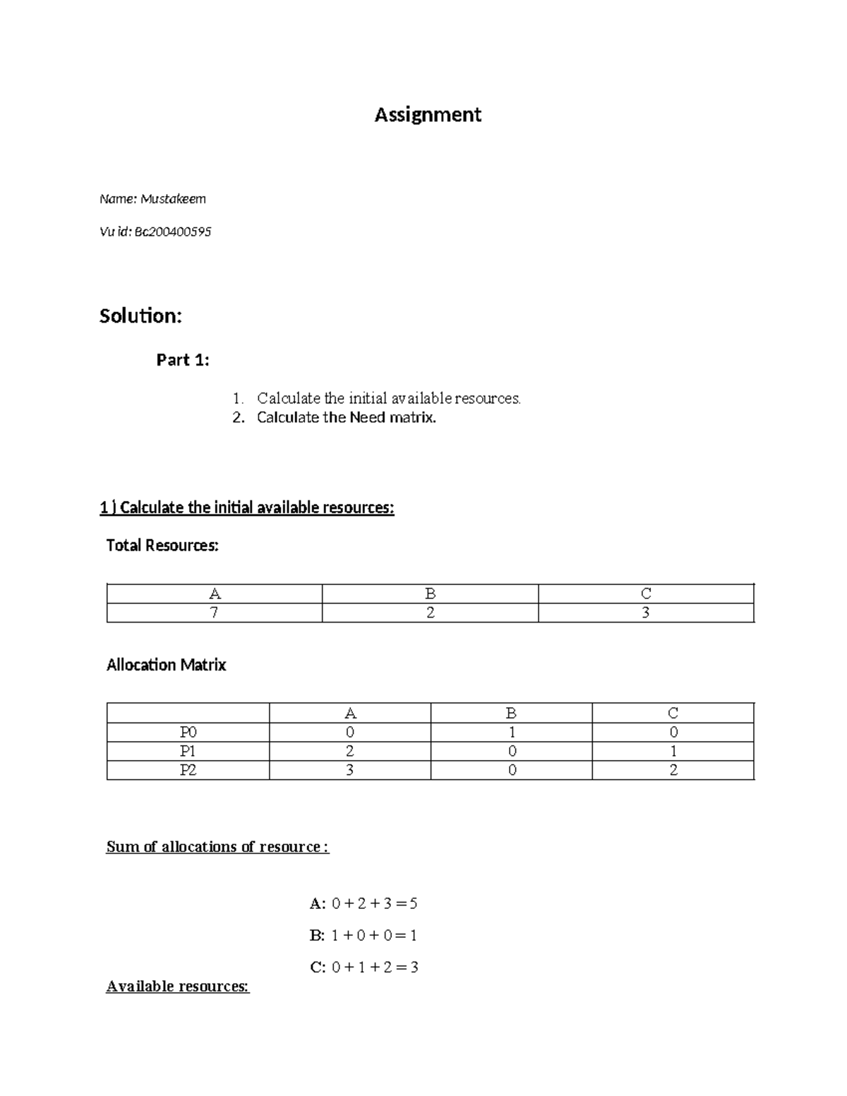 Assigno 2 Cs604 Assignment Name Mustakeem Vu Id Bc Solution Part 1 1 Calculate The 3455
