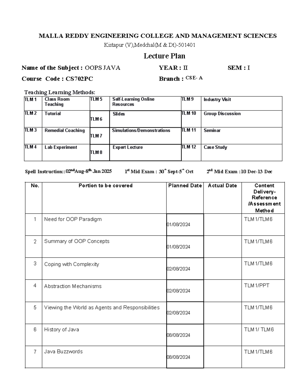 Java Lession Plan-CSE-A - MALLA REDDY ENGINEERING COLLEGE AND ...