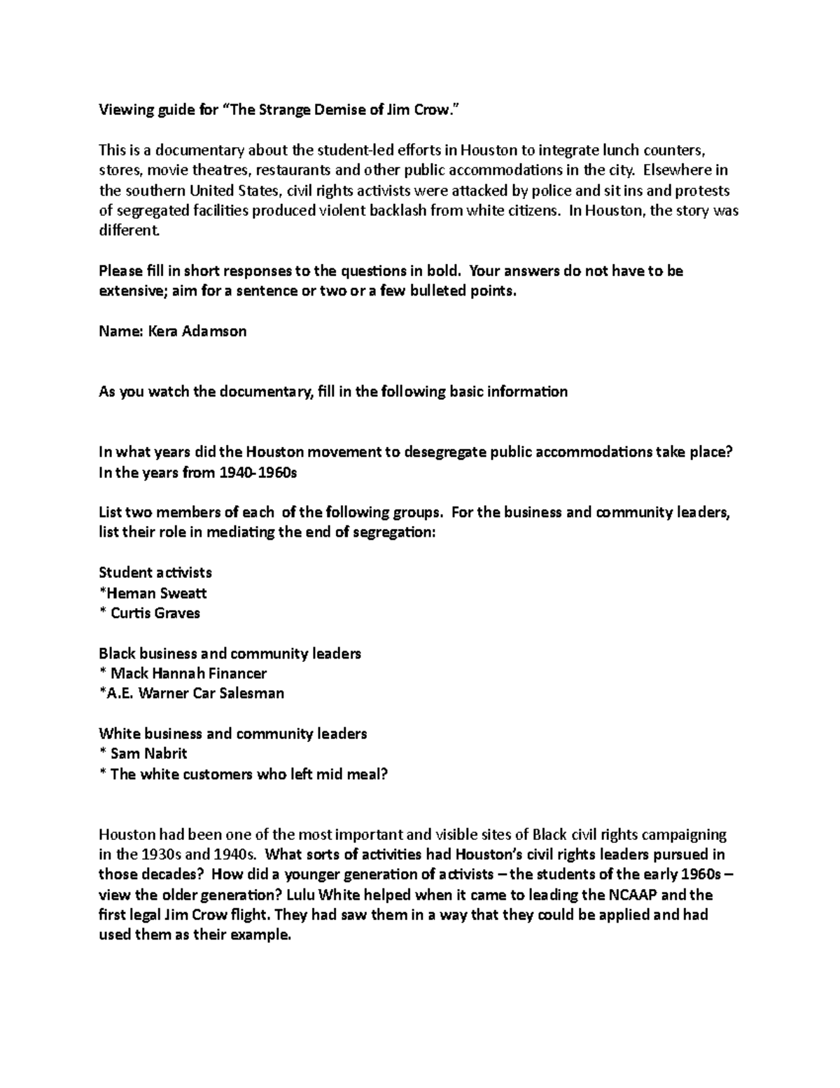 Viewing guide Jim Crows done - Viewing guide for “The Strange Demise of ...