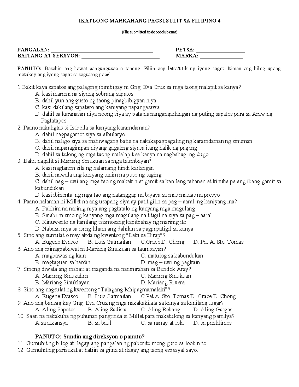 Filipino 4 Third Periodical TEST - IKATLONG MARKAHANG PAGSUSULIT SA ...