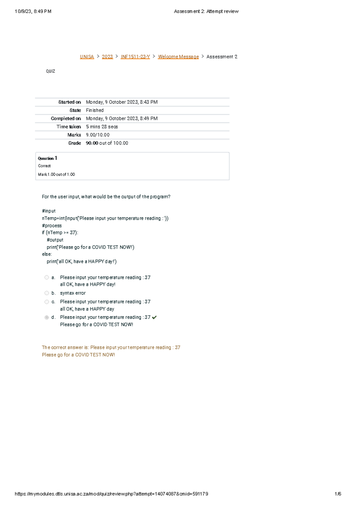 Assessment 2 Attempt review 2 - UNISA 2023 INF1511-23-Y Welcome Message ...