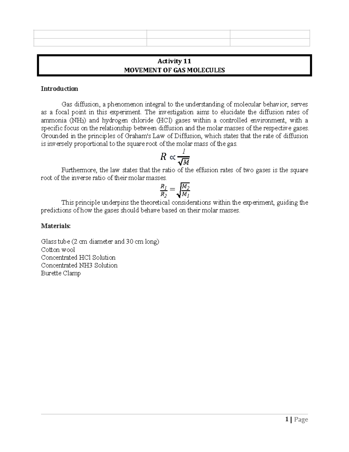 Movement of Gas - Activity 11 MOVEMENT OF GAS MOLECULES Introduction ...