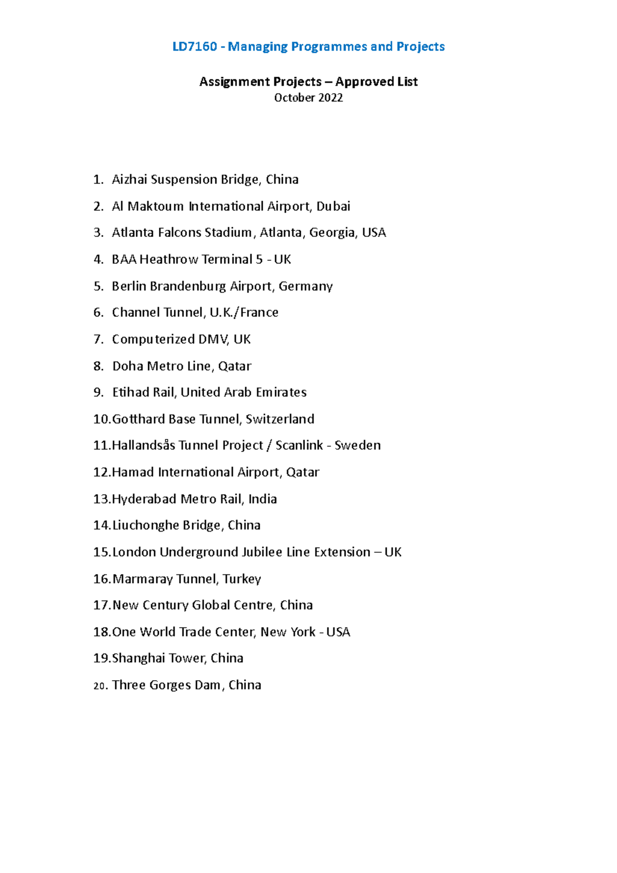 LD7160 Assignment Project List - LD7160 - Managing Programmes and ...