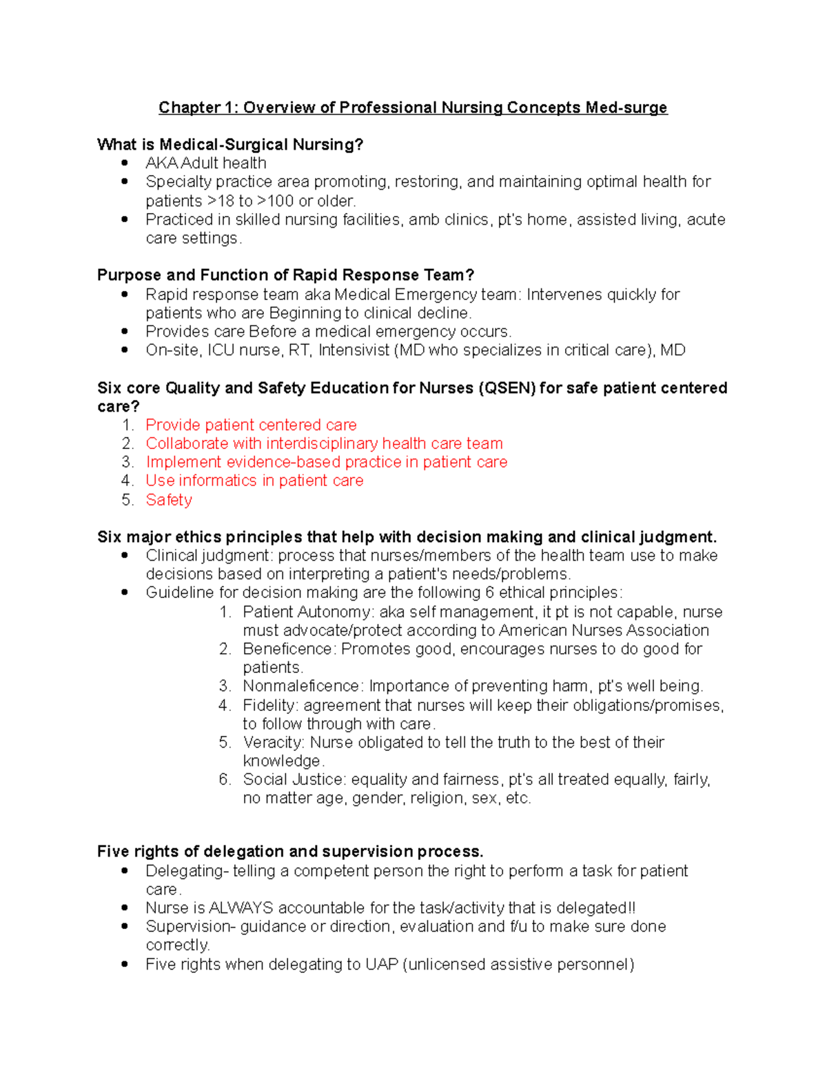 Chapter 1 - Ch 1 notes - Medical-Surgical Nursing - Chapter 1: Overview ...