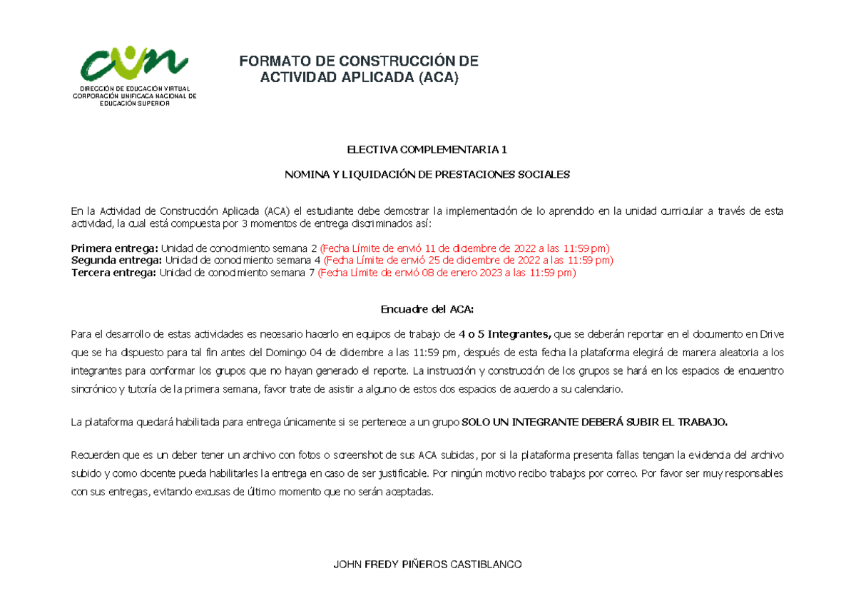 ACA Electiva Complementaria 1,2,3 - DIRECCIÓN DE EDUCACIÓN VIRTUAL CORPORACIÓN UNIFICACA ...
