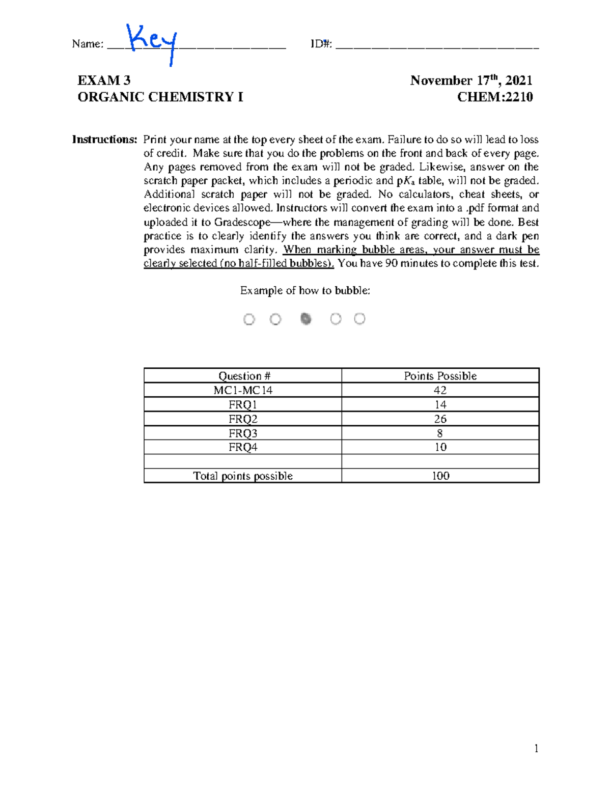 CHEM2210 F21 Exam3 Key - Practice exam 3 key - 1 EXAM 3 November 17th ...