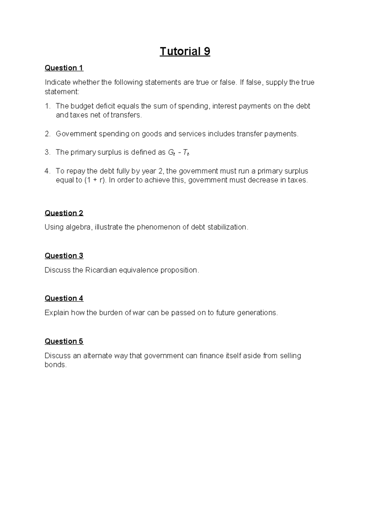 ECO 2A Tutorial 9 Worksheet 31d31f98d7c6972a42db422ba400b1b7 - Tutorial 9 Question 1 Indicate ...