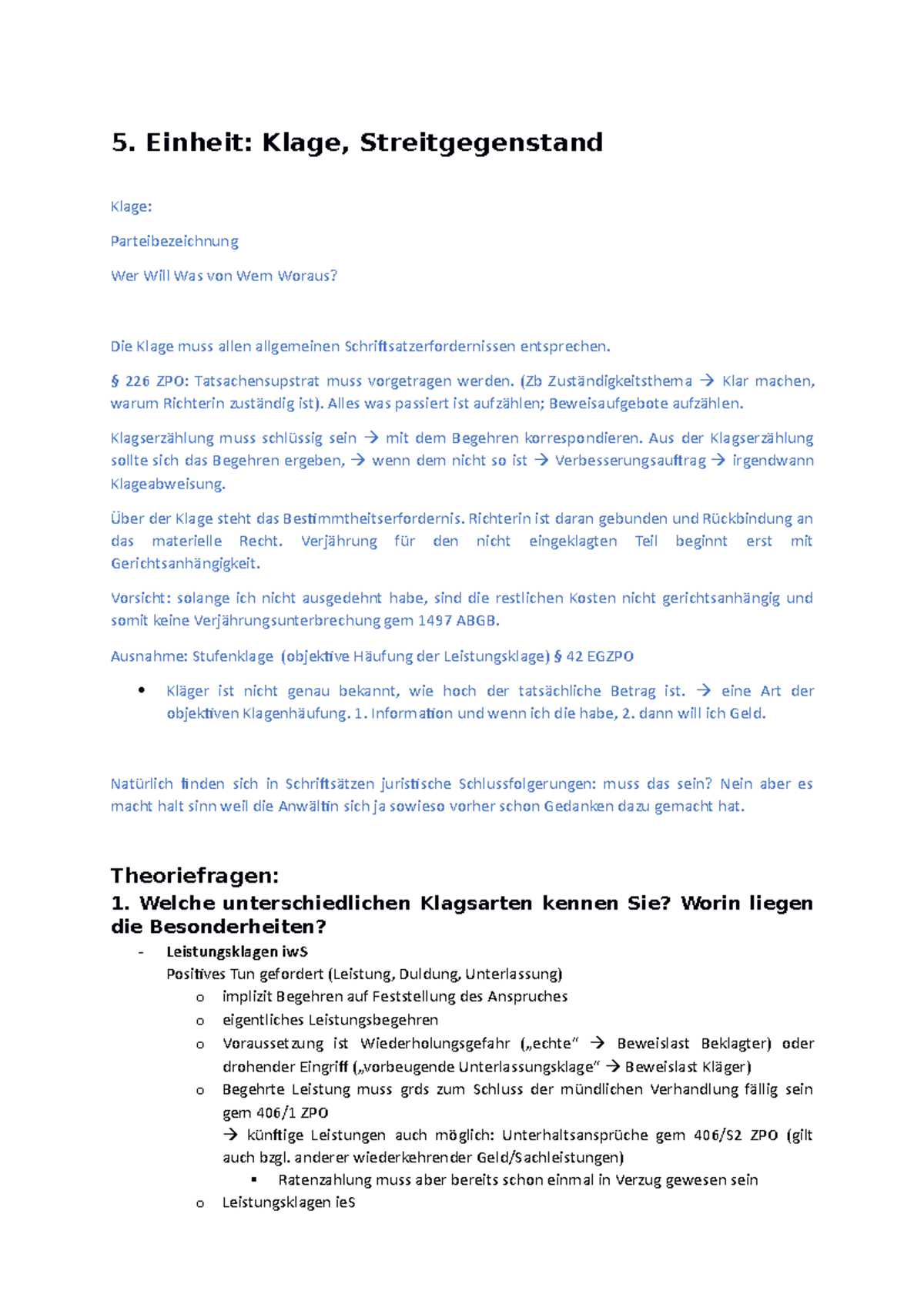 Einheit 5 - Vorlesungsnotizen 5 - 5. Einheit: Klage, Streitgegenstand ...