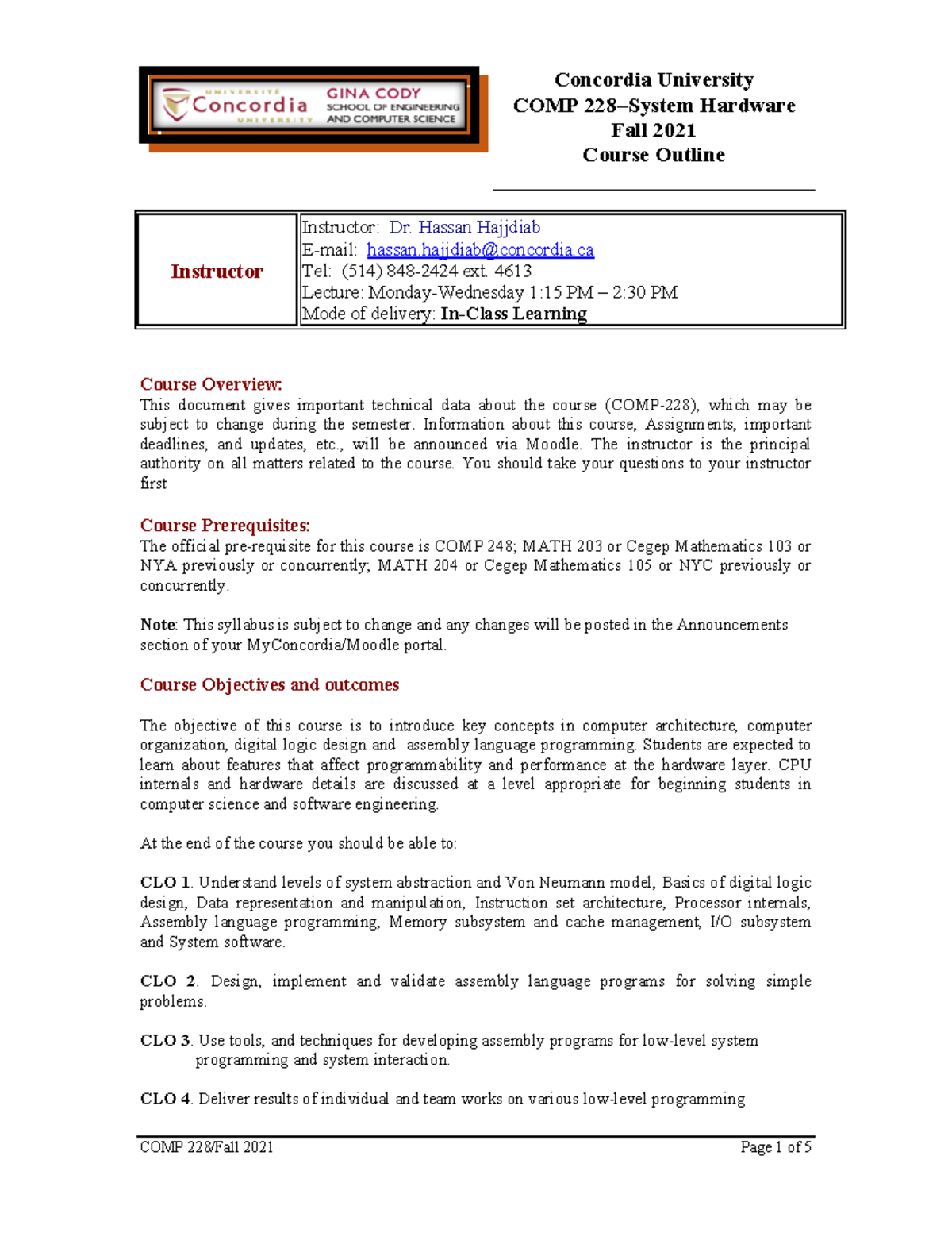 COMP 228-Outline-Fall 2021 - Concordia University COMP 228–System ...