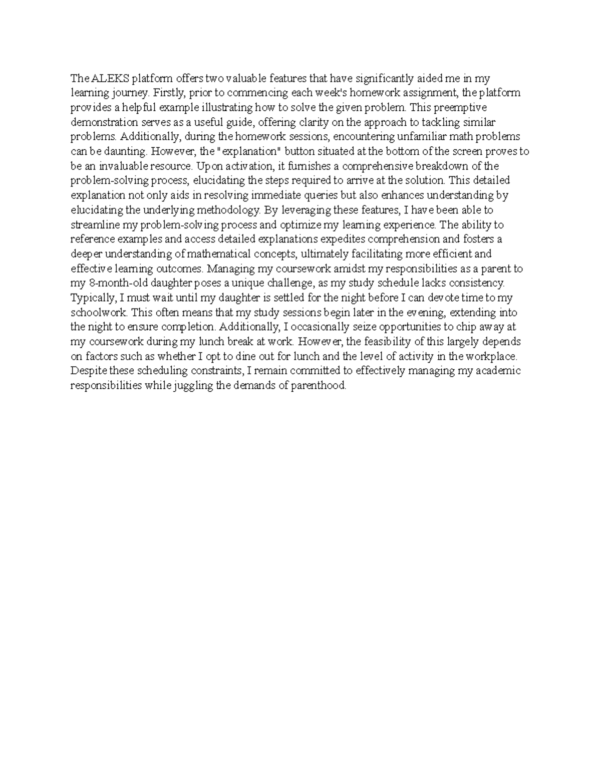 W2 Reflection-Math101 - The ALEKS platform offers two valuable features ...