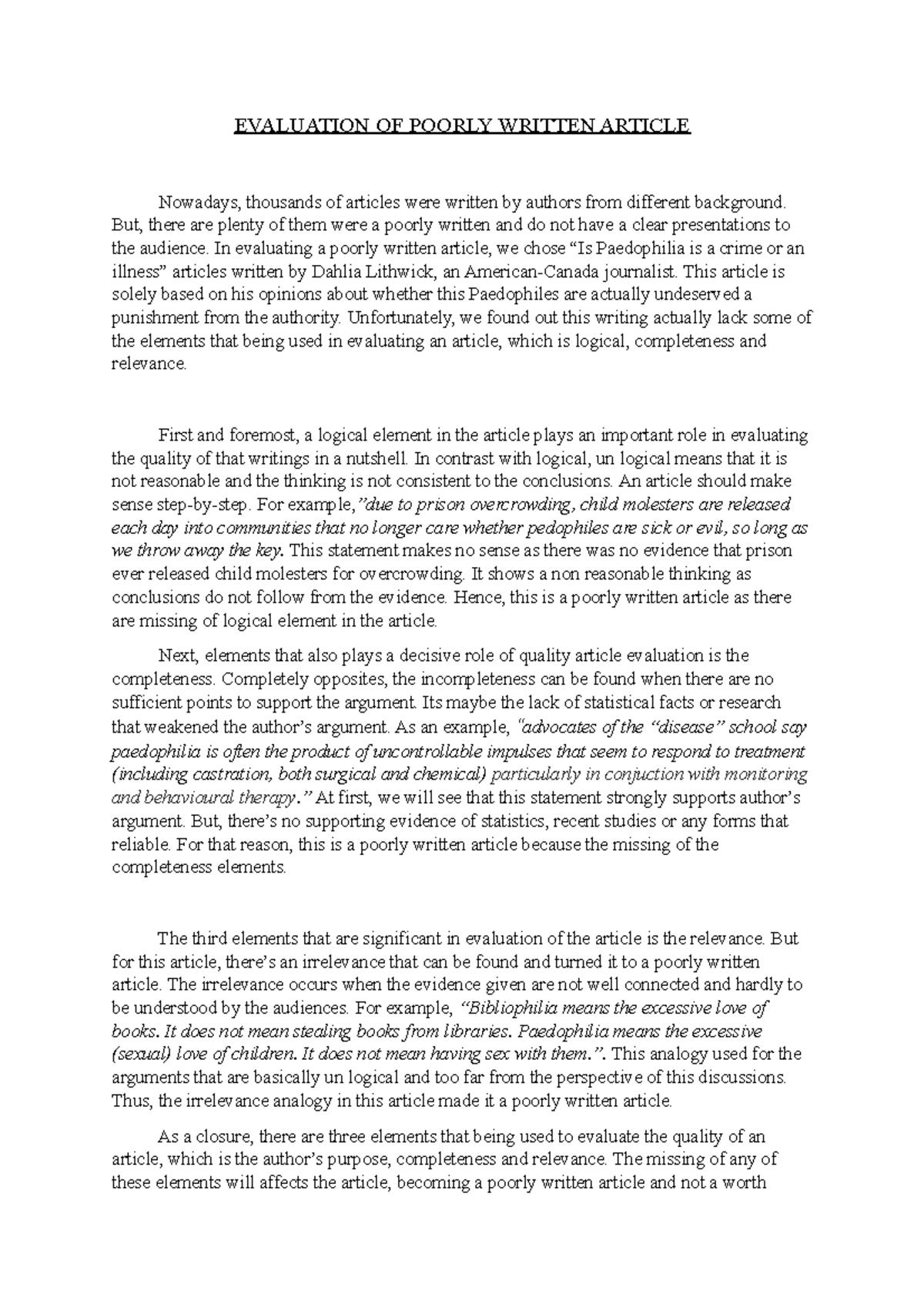 Written assignment on bad written articles elc 091 - EVALUATION OF ...