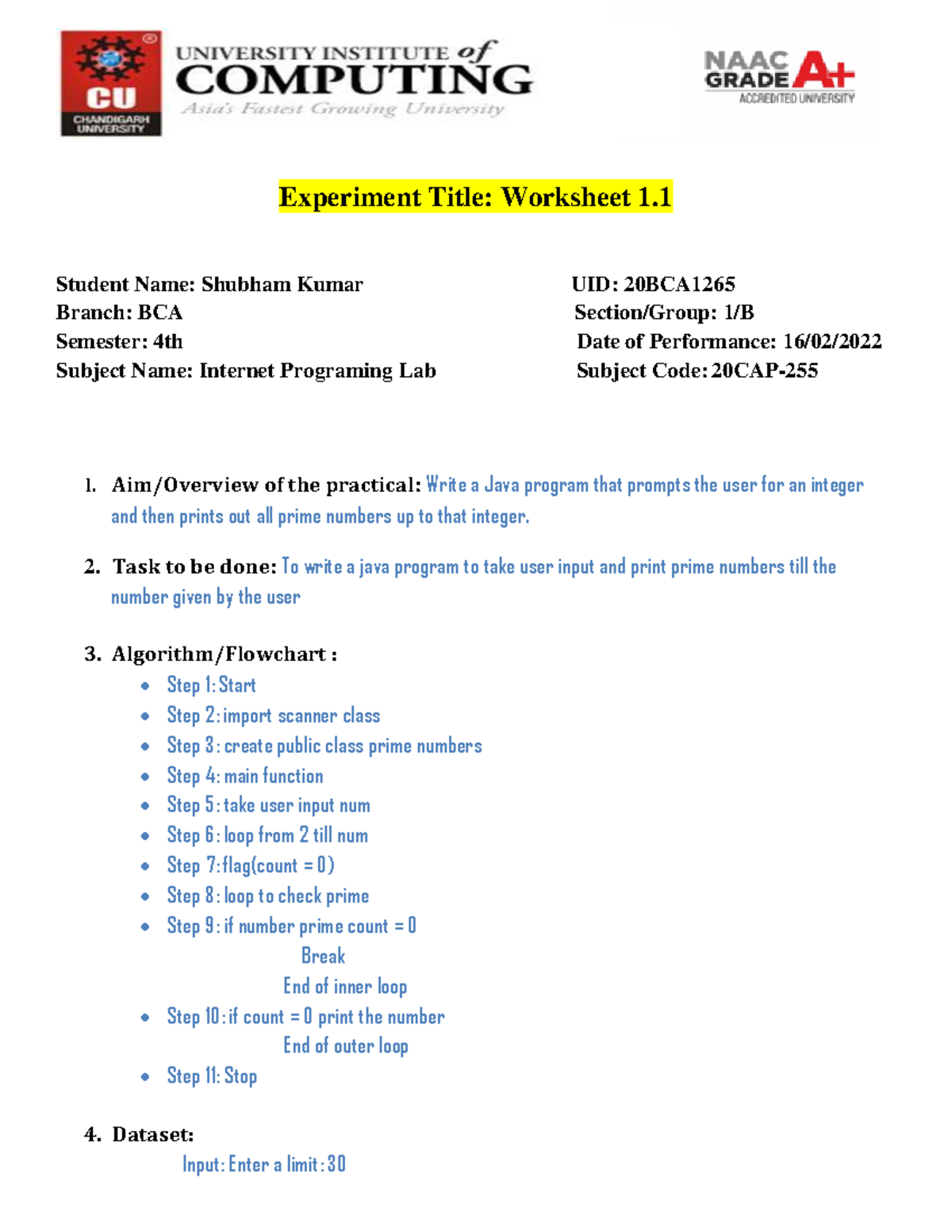Worksheet 1.1 Shubham kumar 20BCA1265 - Experiment Title: Worksheet 1 ...