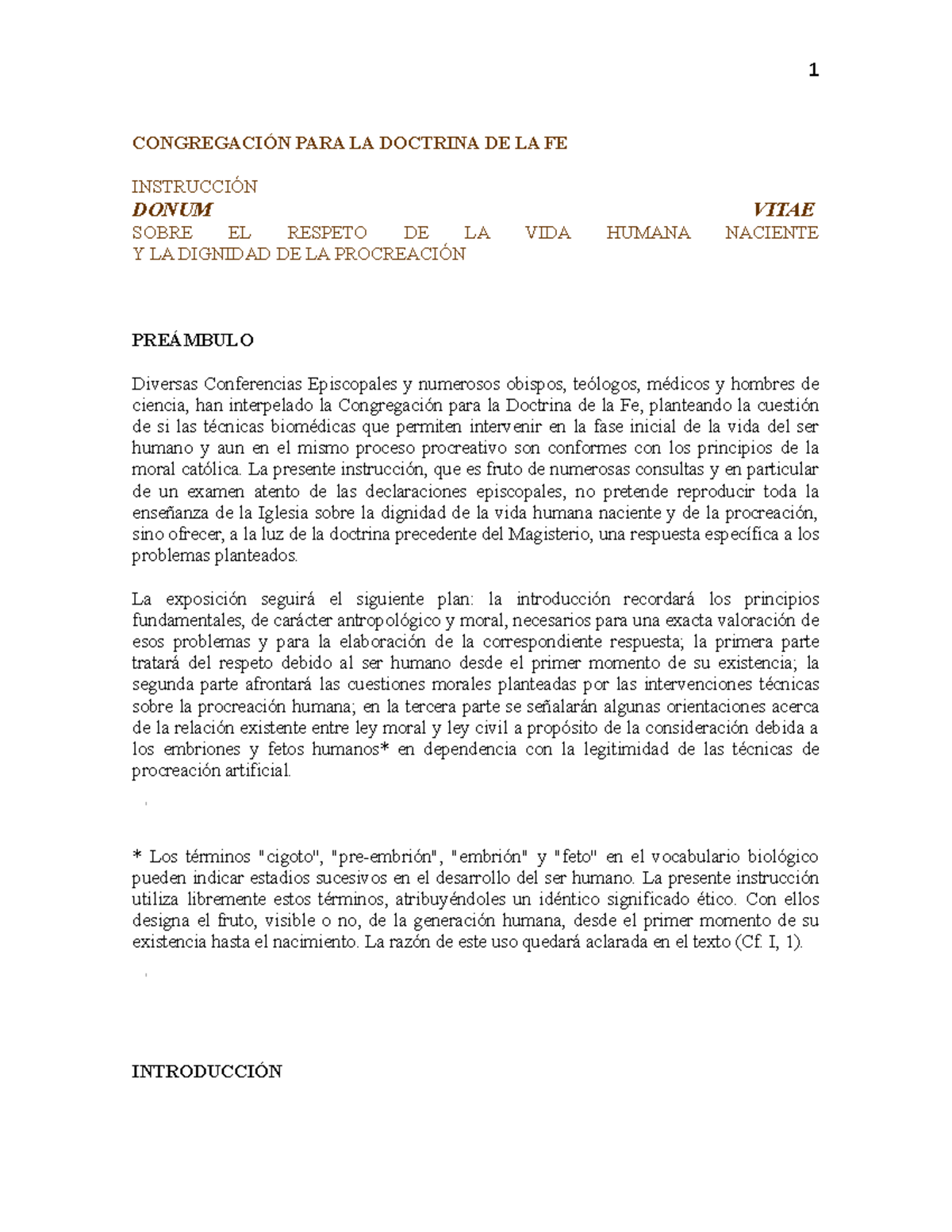 Donum Vitae - Enciclica - CONGREGACIÓN PARA LA DOCTRINA DE LA FE ...