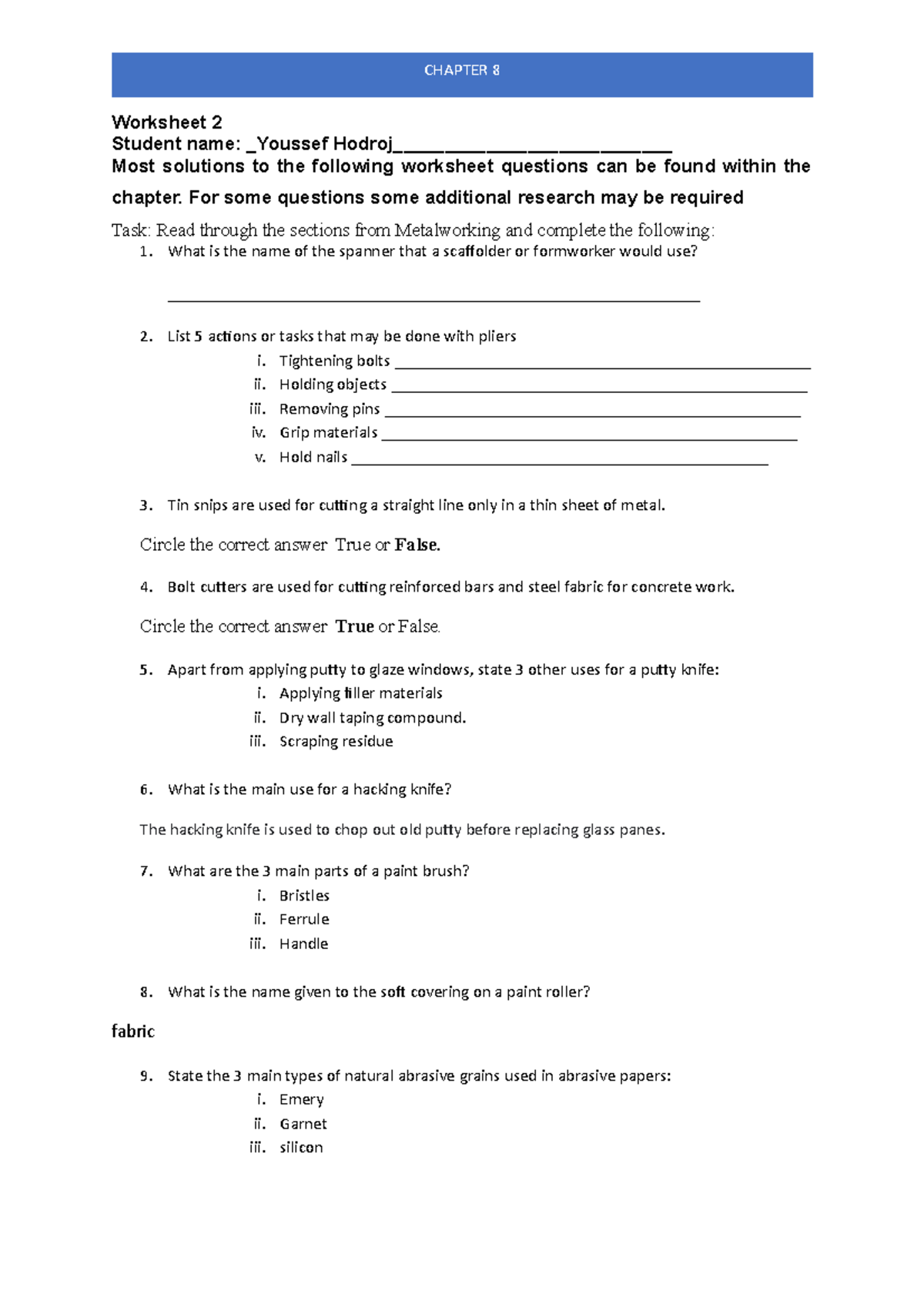 11 vet C Worksheet 2 chapter 8 Tools and Equp - Worksheet 2 Student ...
