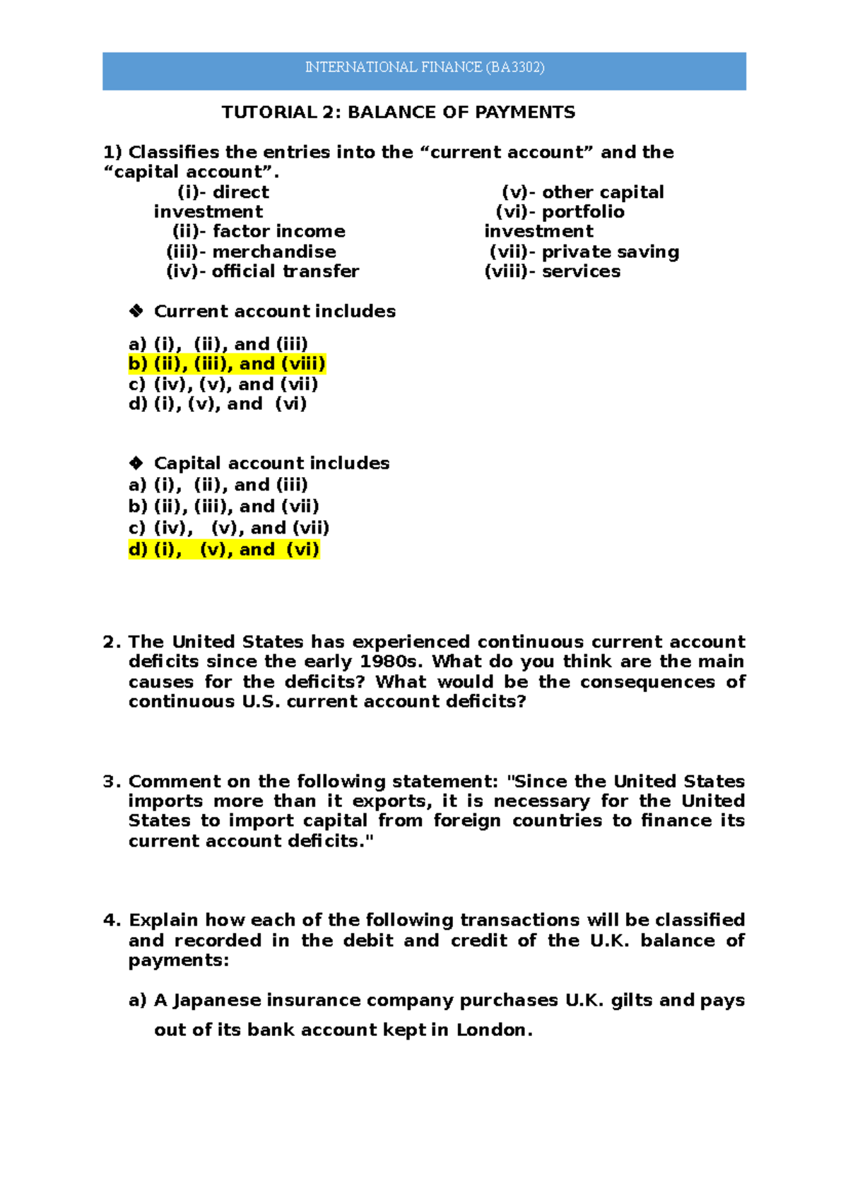 Tutorial 2 Question Latest - TUTORIAL 2: BALANCE OF PAYMENTS Classifies ...