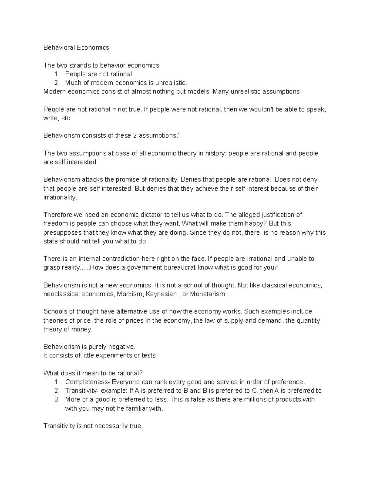 Micro theory- Behavioral Economics Notes - Behavioral Economics The two ...