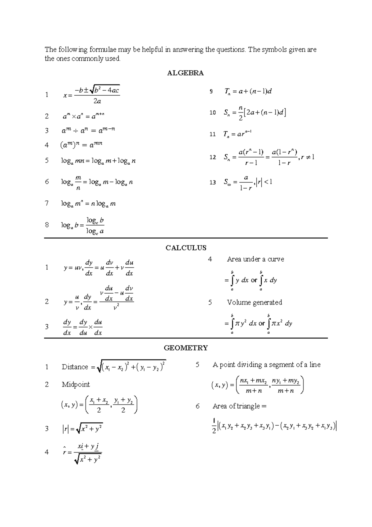 Basic Formula for Maths - The following formulae may be helpful in ...