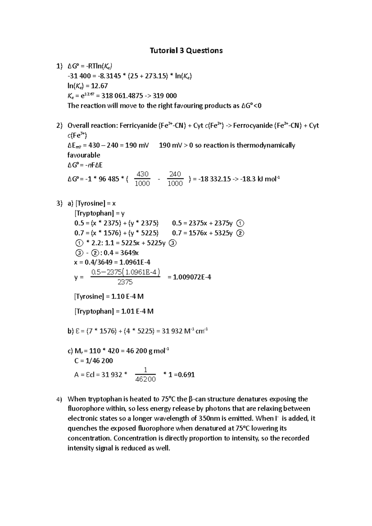 Tuorial 3 questions - Question overview - Tutorial 3 Questions ΔGo ...