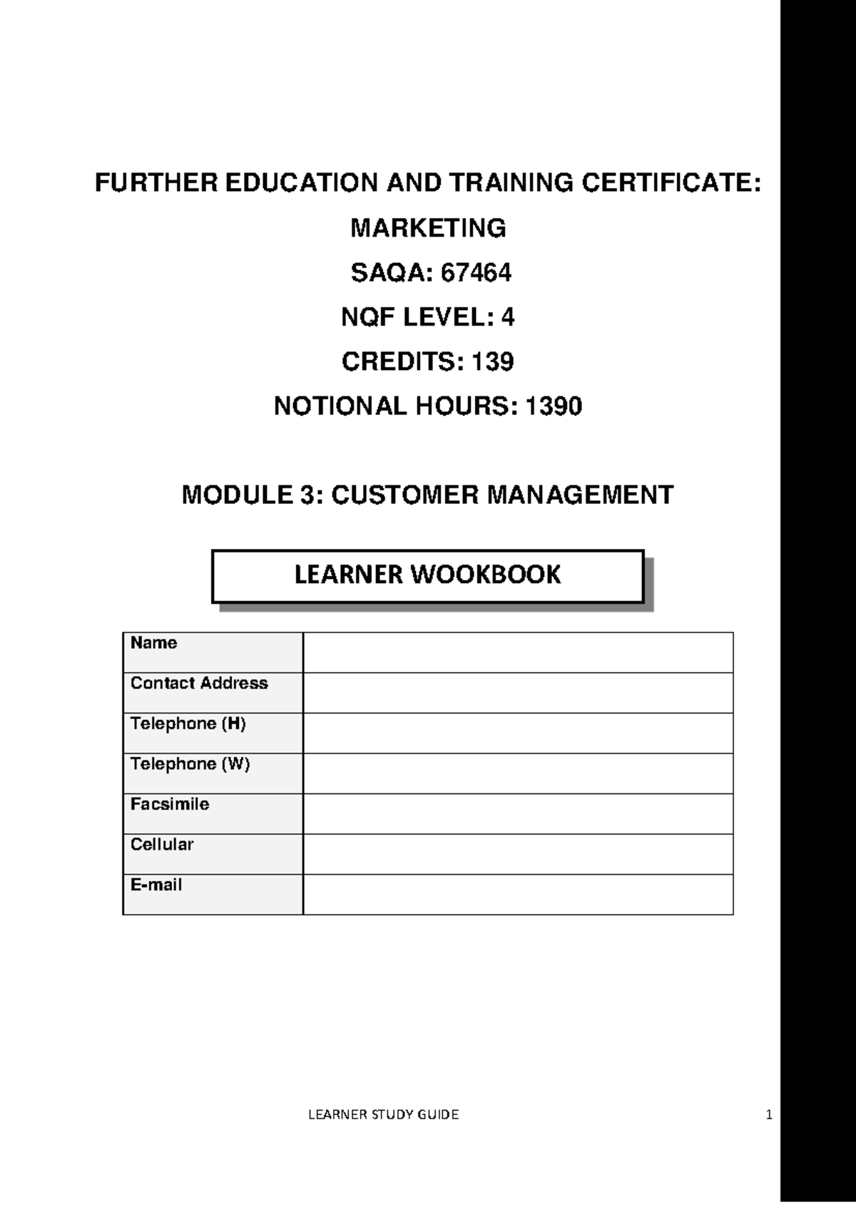 Learners Workbook - Marketing course - FURTHER EDUCATION AND TRAINING CERTIFICATE: MARKETING ...