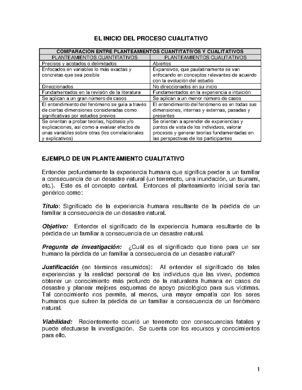 El proceso cualitativo - 1 EL INICIO DEL PROCESO CUALITATIVO COMPARACIÓN ENTRE PLANTEAMIENTOS ...