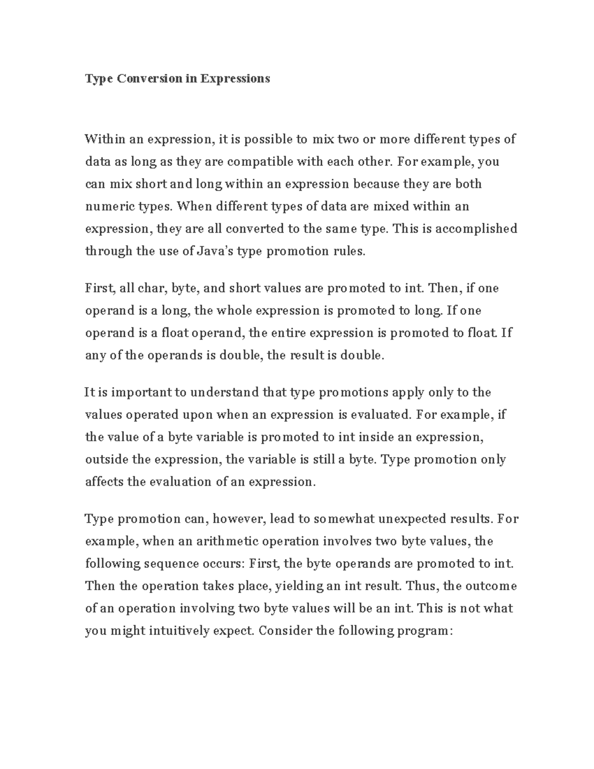 Type Conversion in Expressions - Type Conversion in Expressions Within an expression, it is ...