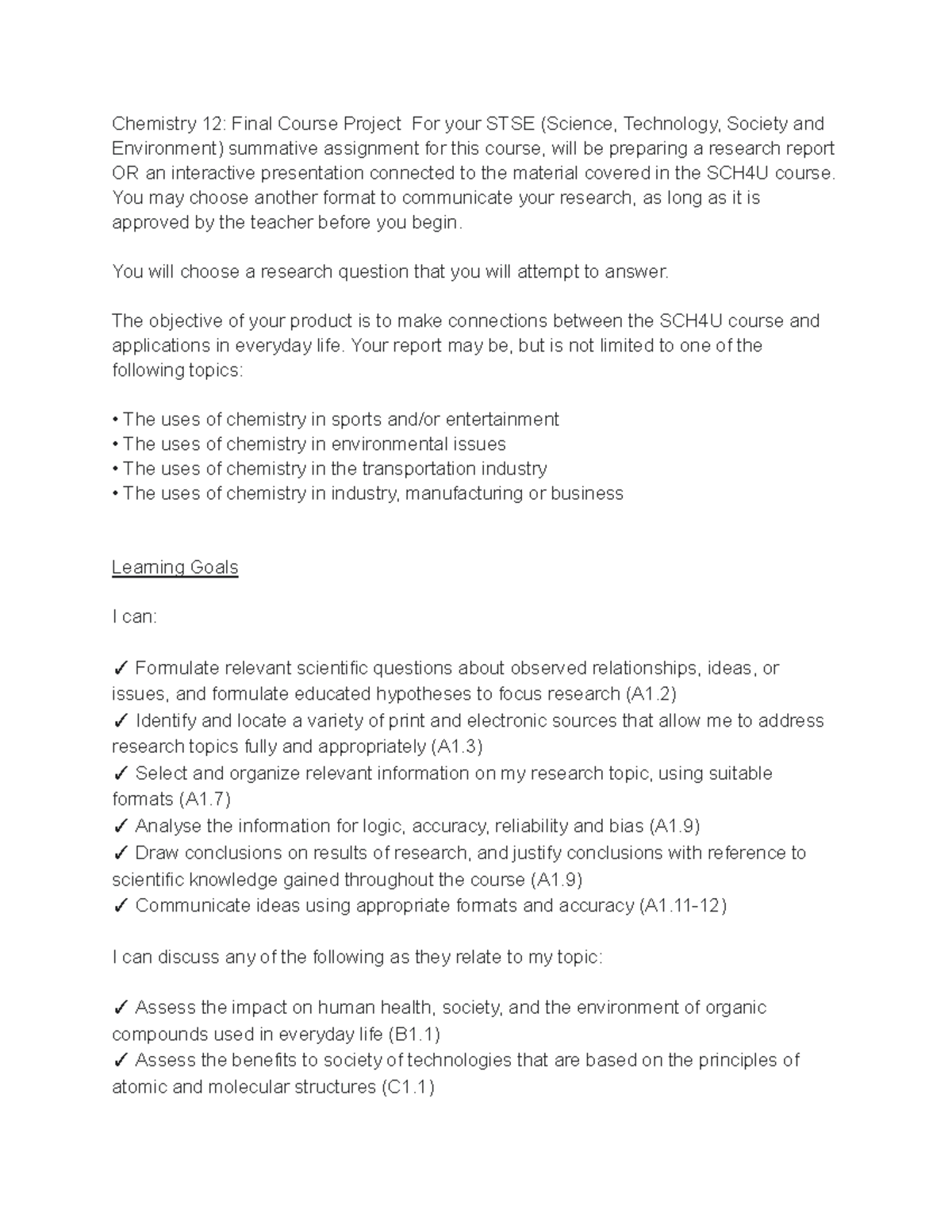 Chemistry 12 Final Course Project For your STSE (Science, Technology ...