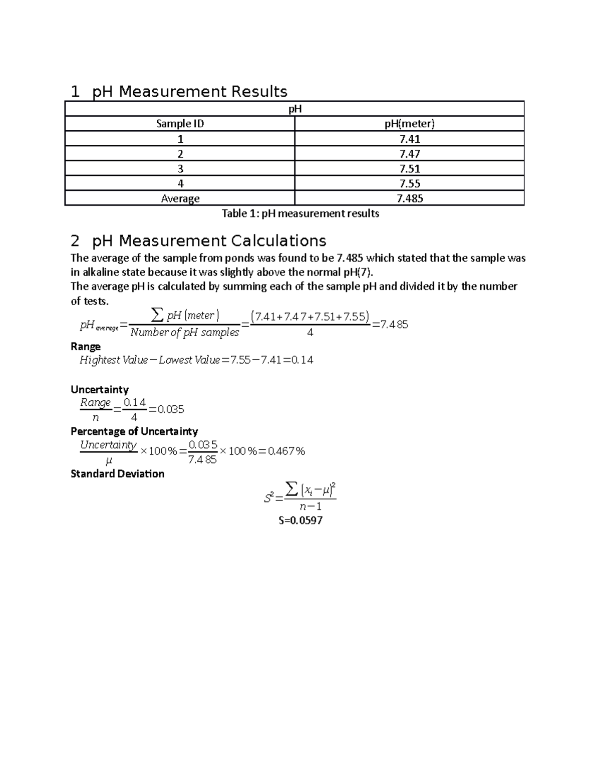 Lab-1-report - Lab notes - 1 pH Measurement Results pH Sample ID 1 2 3 ...