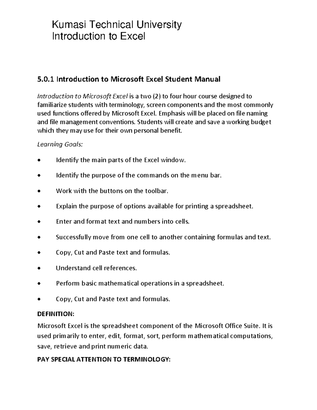 5-0-1 Introduction to Microsoft Excel Student Manual - 5.0 Introduction ...