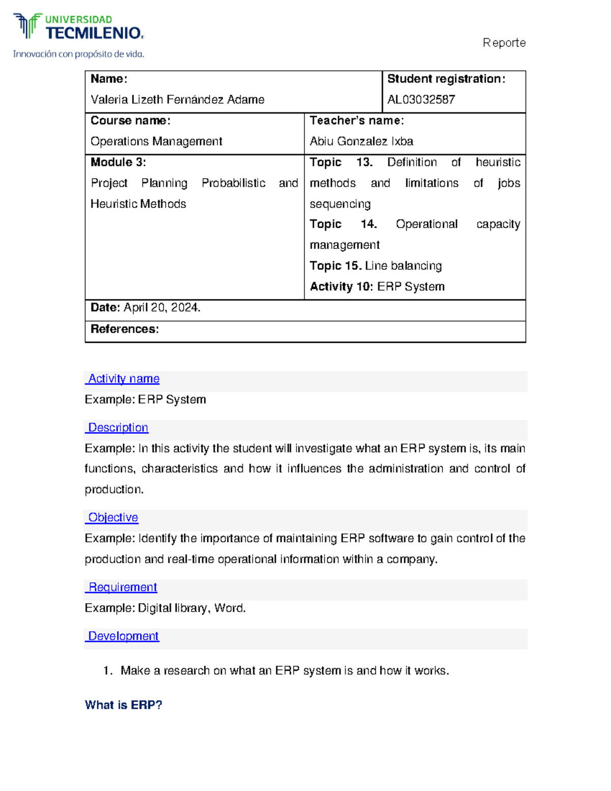 Operations Management Activity 10 - Name: Valeria Lizeth Fernández ...