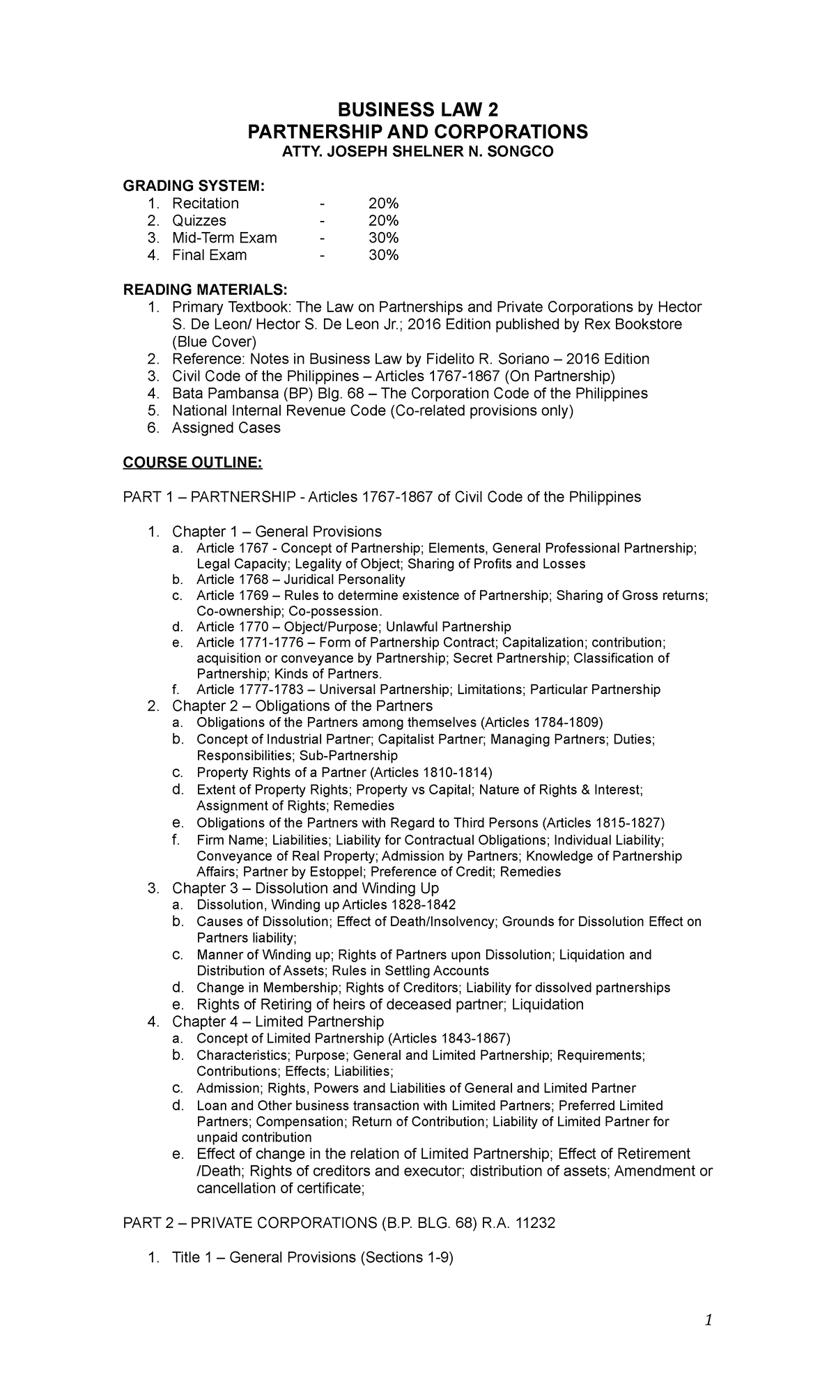 Business LAW 2 Course Outline in Bachelor of science major in ...