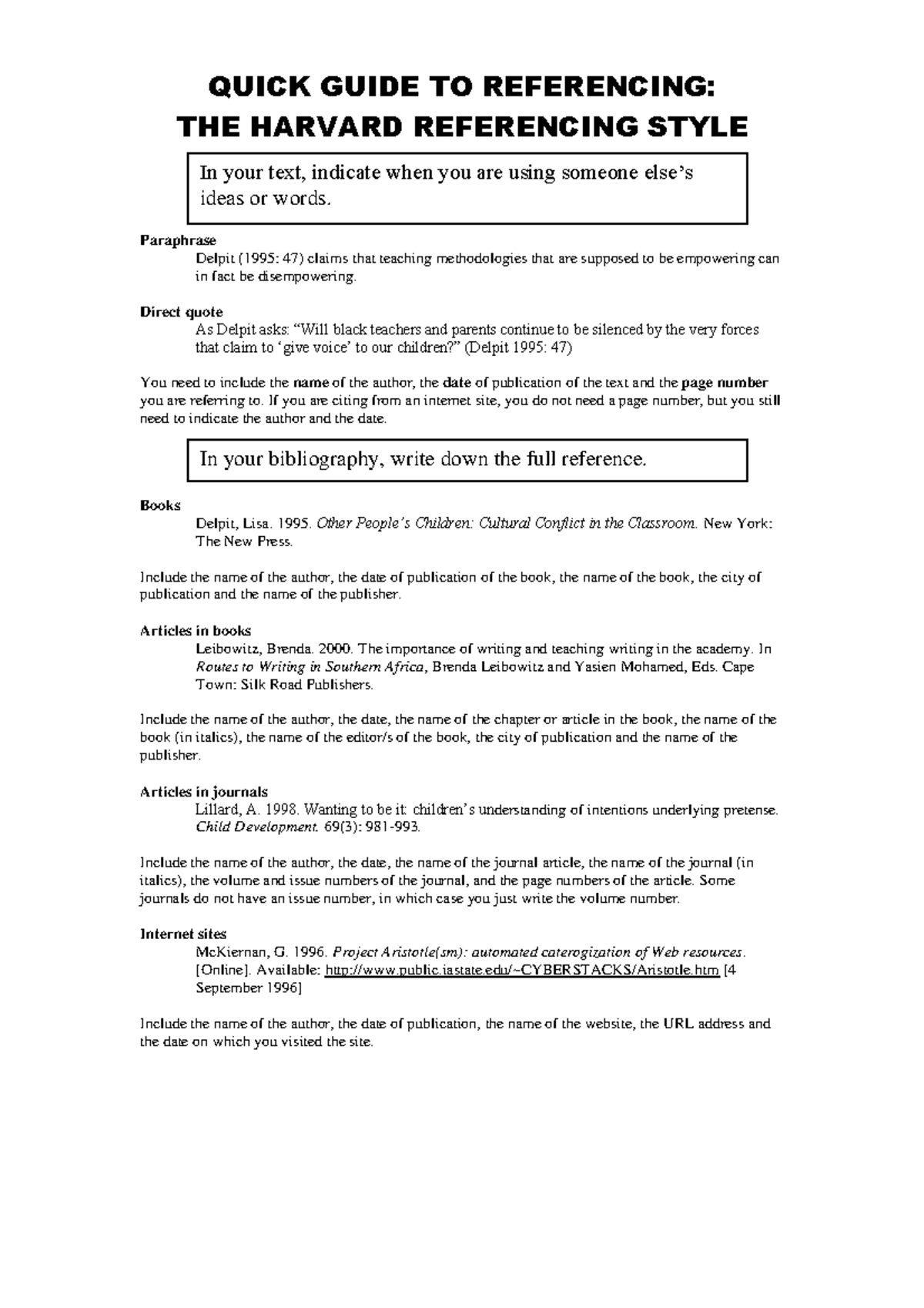 Harvard Quick Guide - QUICK GUIDE TO REFERENCING: THE HARVARD REFERENCING STYLE Paraphrase ...