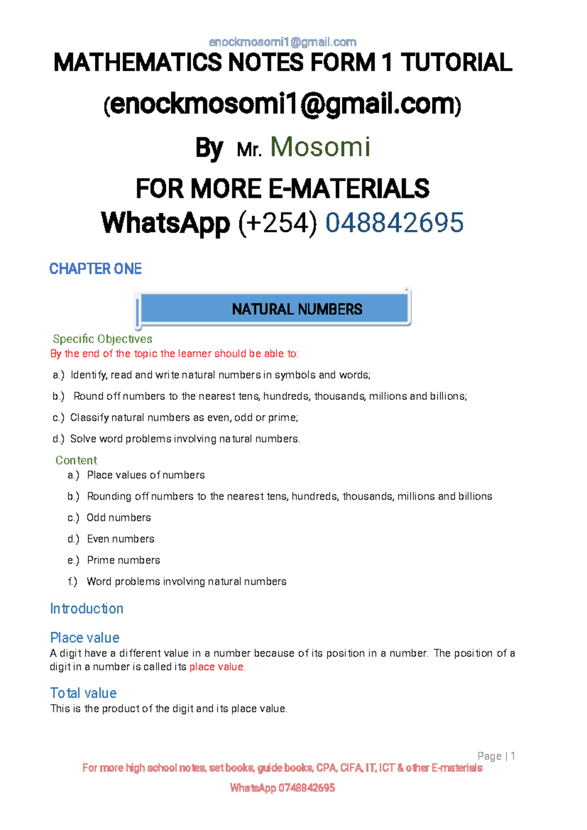 FORM ONE Maths Notes - Page| 1 - Studocu