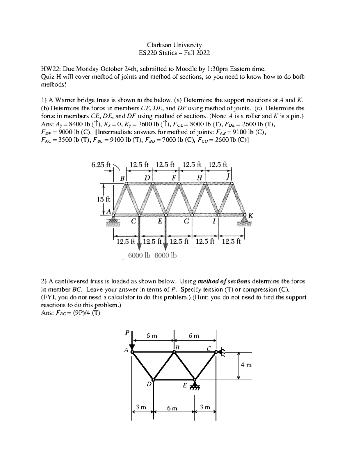 HW22 Assignment - mlmlm - Clarkson University ES220 Statics – Fall 2022 ...