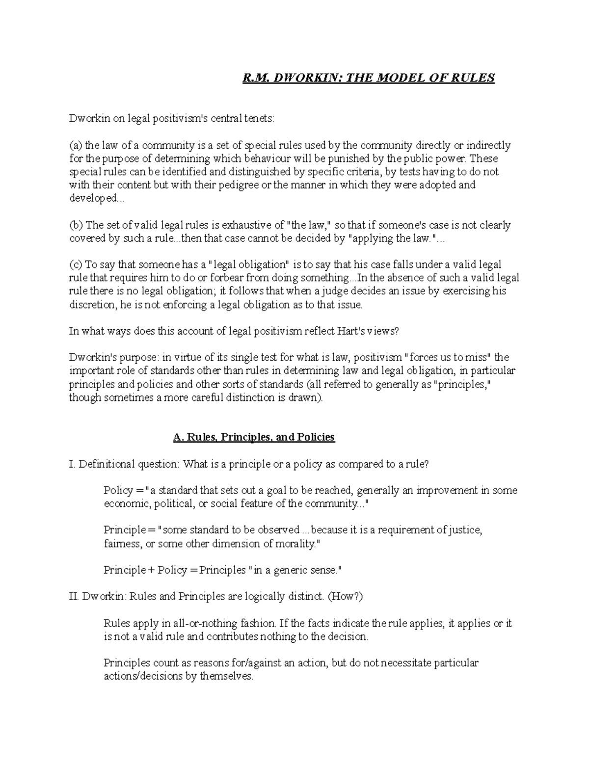 Dworkin s Theory - Notes - R. DWORKIN: THE MODEL OF RULES Dworkin on ...