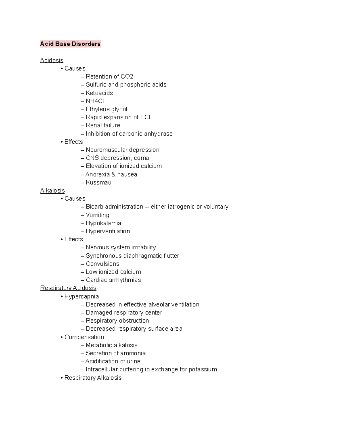 Acid Base Disorders - Acid Base Disorders Acidosis - Causes - Retention ...