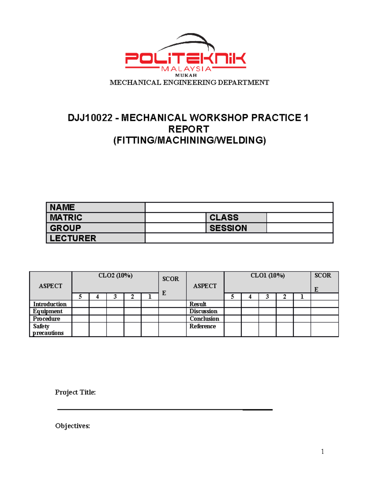 Format Report MWP1 S1 2022 2023 - MECHANICAL ENGINEERING DEPARTMENT ...