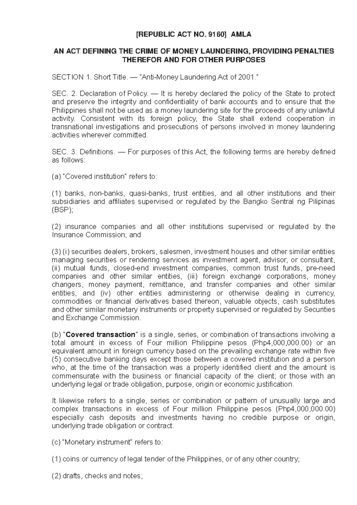RA-9160-AMLA - Law - [REPUBLIC ACT NO. 9160] AMLA AN ACT DEFINING THE ...