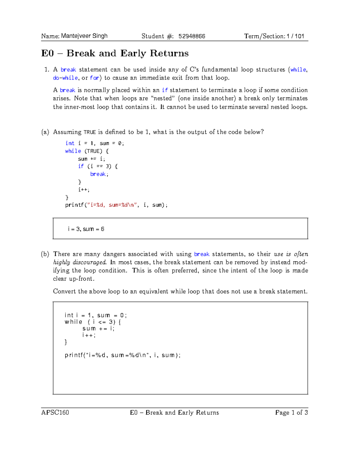 E0 - First worksheet for part 2 of the course - Name: Student #: Term ...