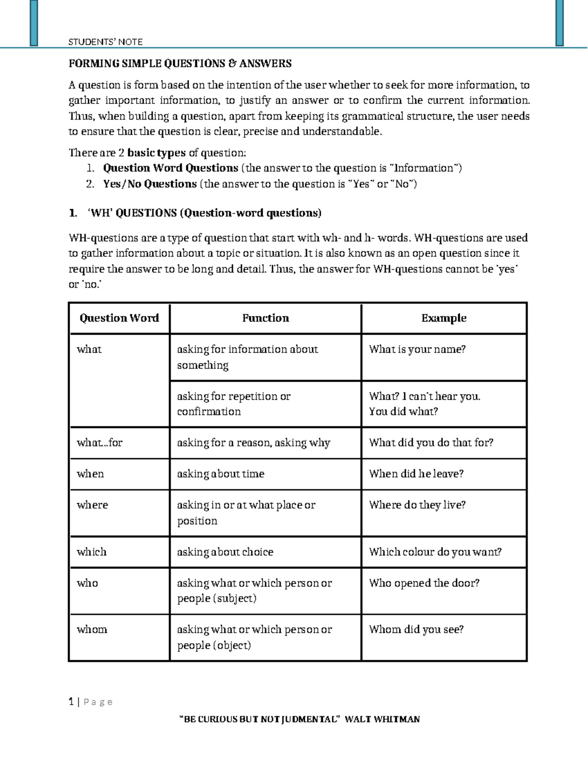 01 Forming Simple Question WH Question - FORMING SIMPLE QUESTIONS ...