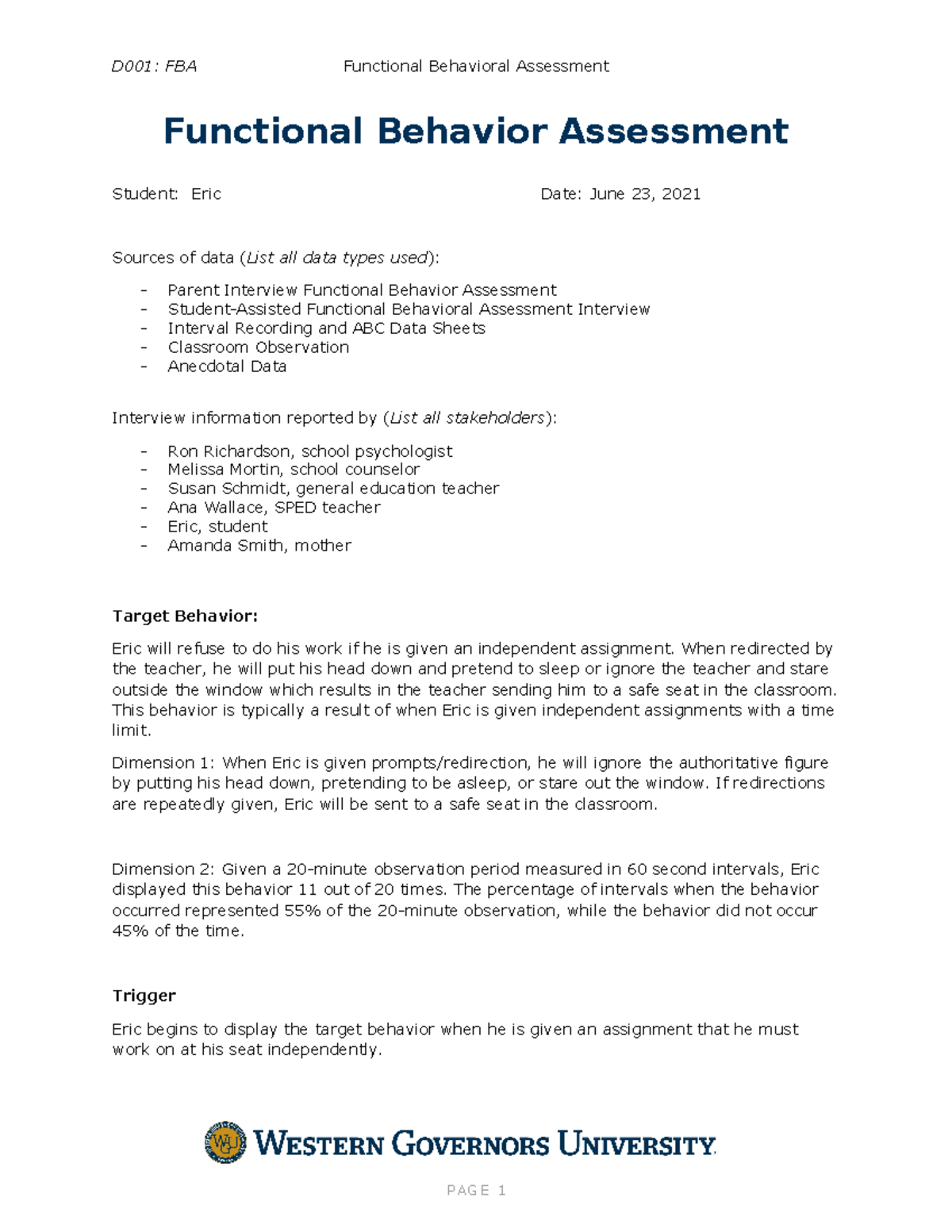 Behavior Assessment (FBA) Form WGU Task 1 (1) (1) (1) final - D001: FBA ...