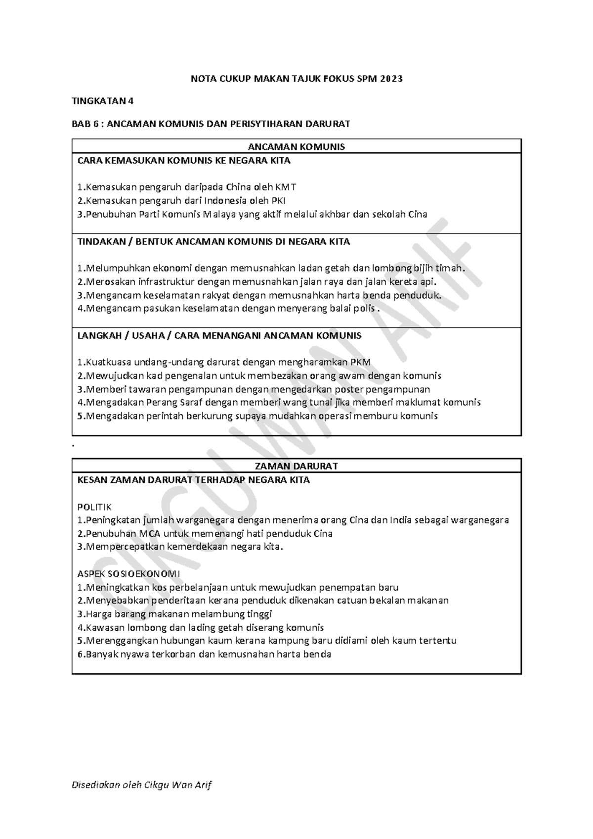 NOTA SEJARAH T4 B6 - Disediakan oleh Cikgu Wan Arif NOTA CUKUP MAKAN ...