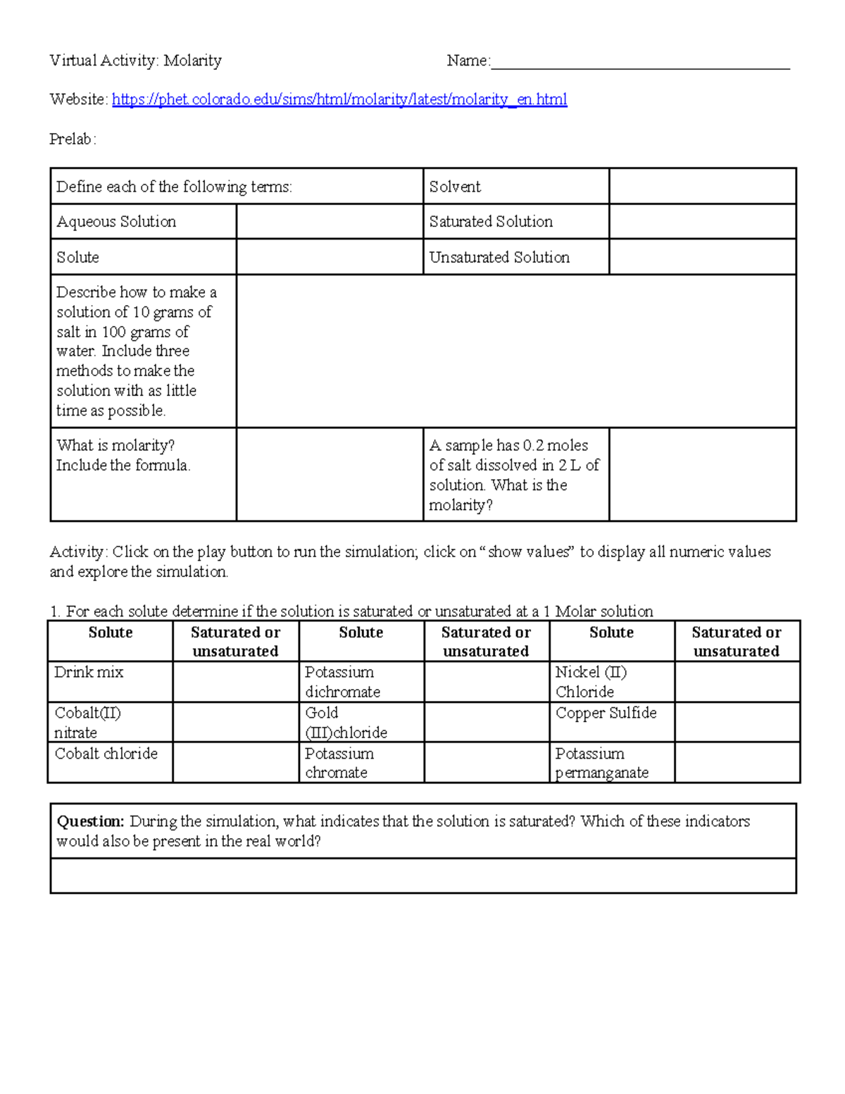 Molarity simulation - Virtual Activity: Molarity Name