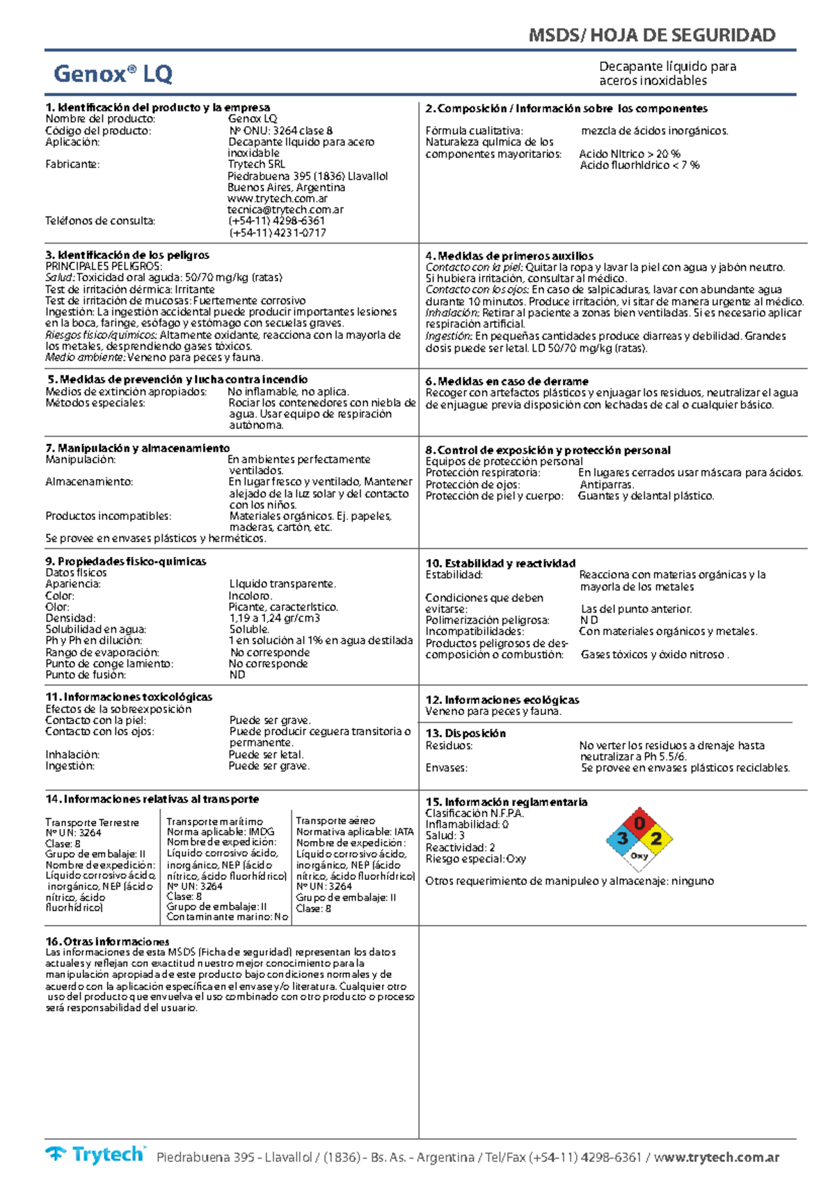 MSDS Gel decapante para acero inoxidable Genox - Identi cación del ...
