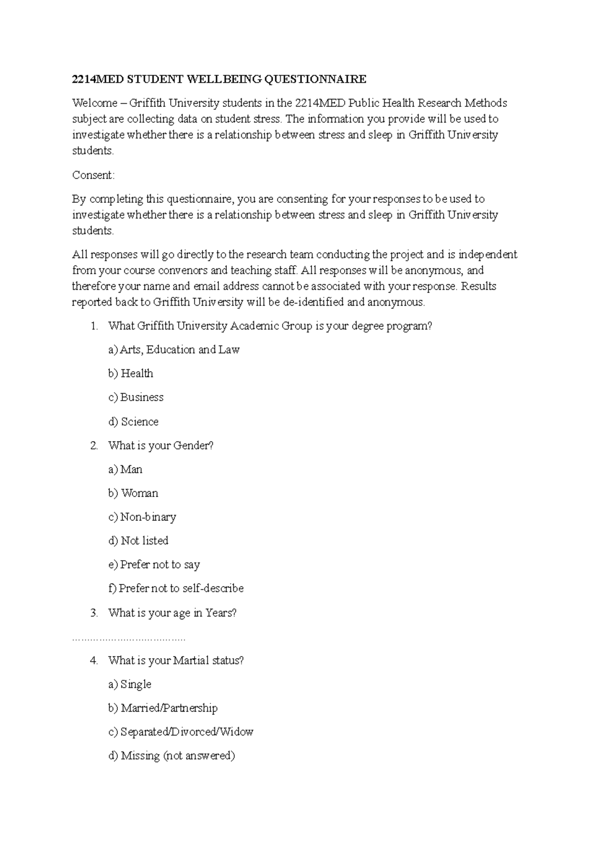 Final report survey - 2214MED STUDENT WELLBEING QUESTIONNAIRE Welcome ...