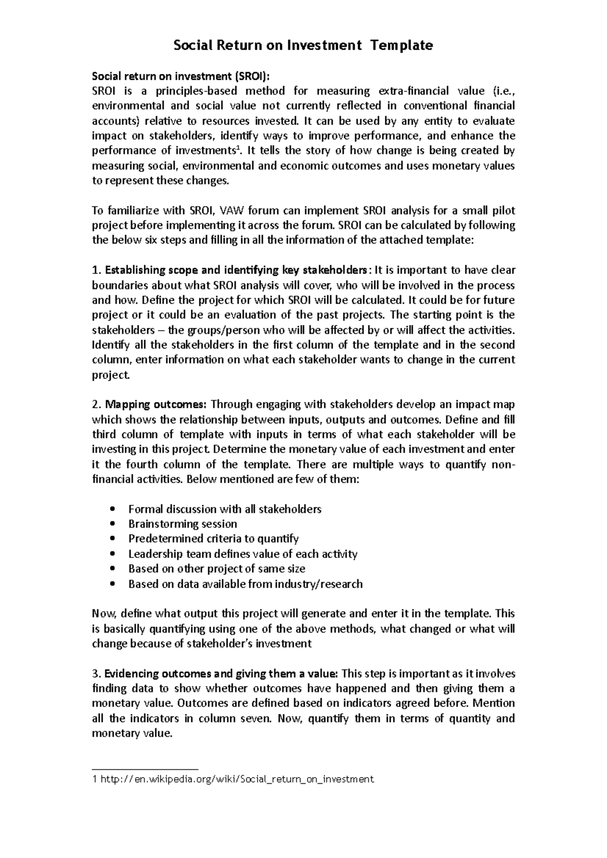 SROI Statement - class notes - Social Return on Investment Template ...