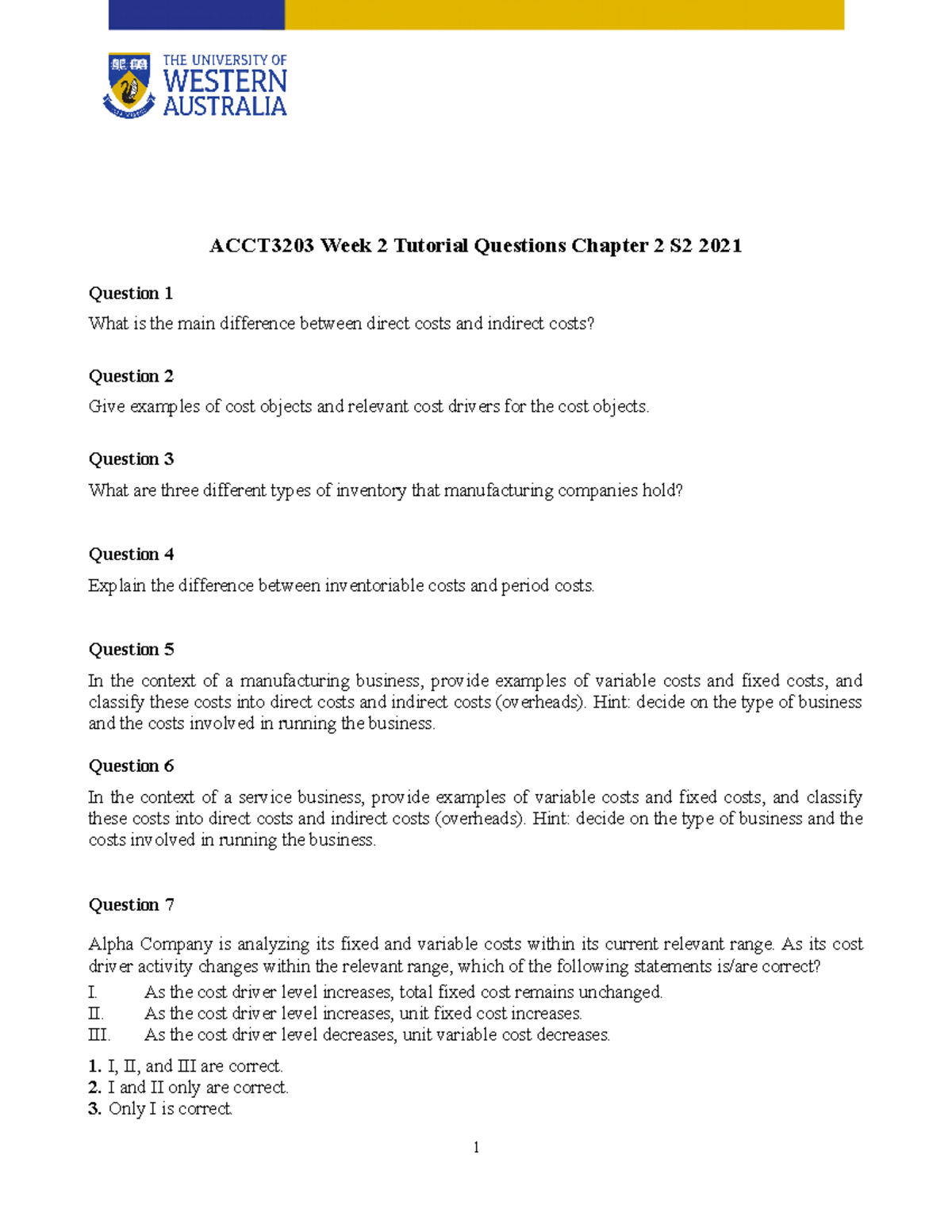 2a Week 2 Tute Questions Chp 2 S2 2021 - ACCT3203 Week 2 Tutorial ...