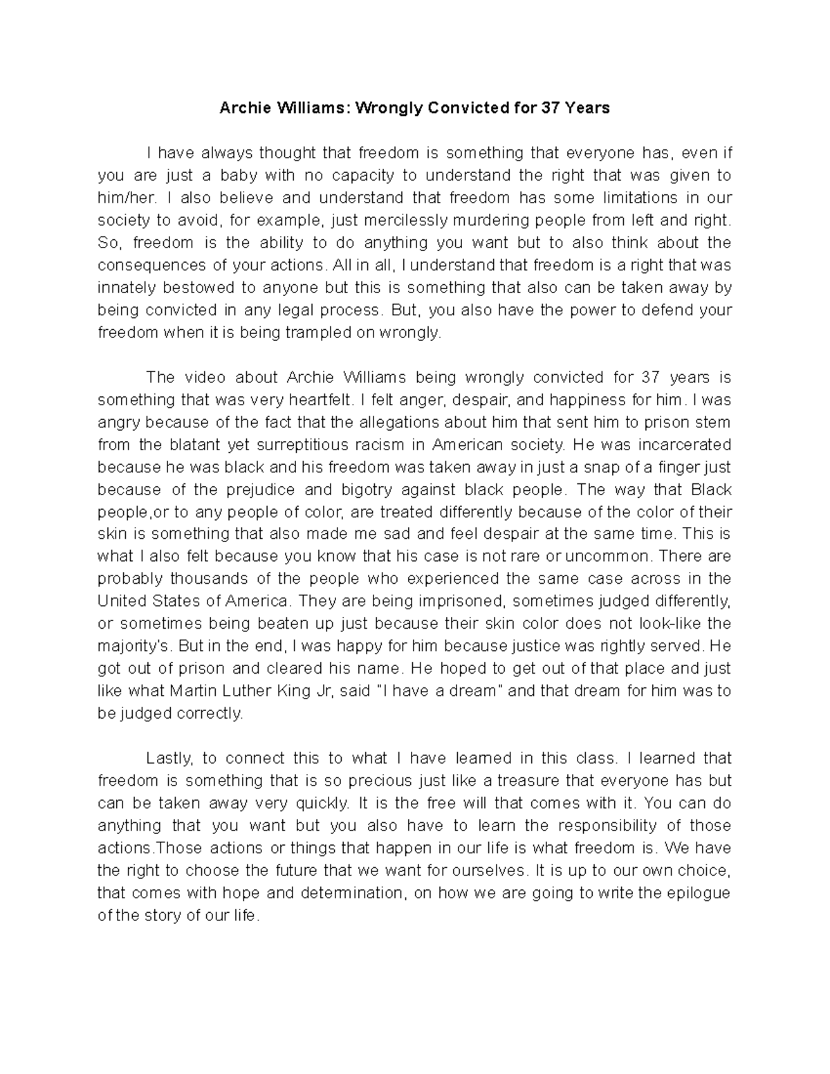 Reaction Paper - Archie Williams: Wrongly Convicted for 37 Years I have ...